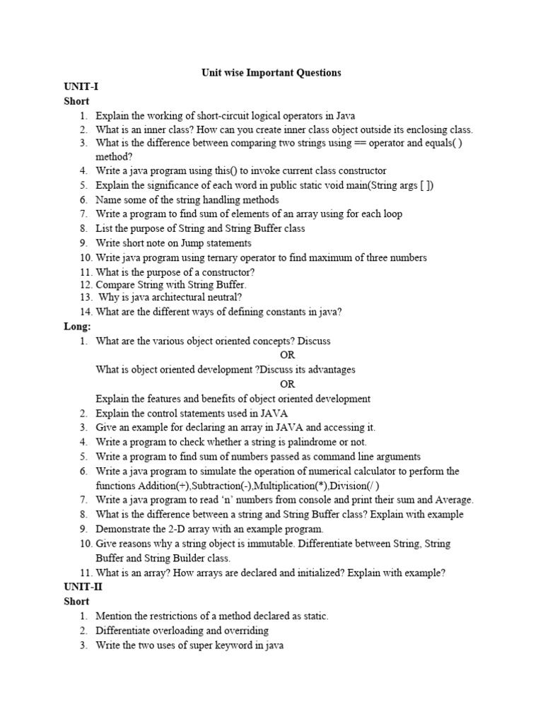 Unit Wise Important Questions | PDF | Method (Computer Programming) | Inheritance (Object ...