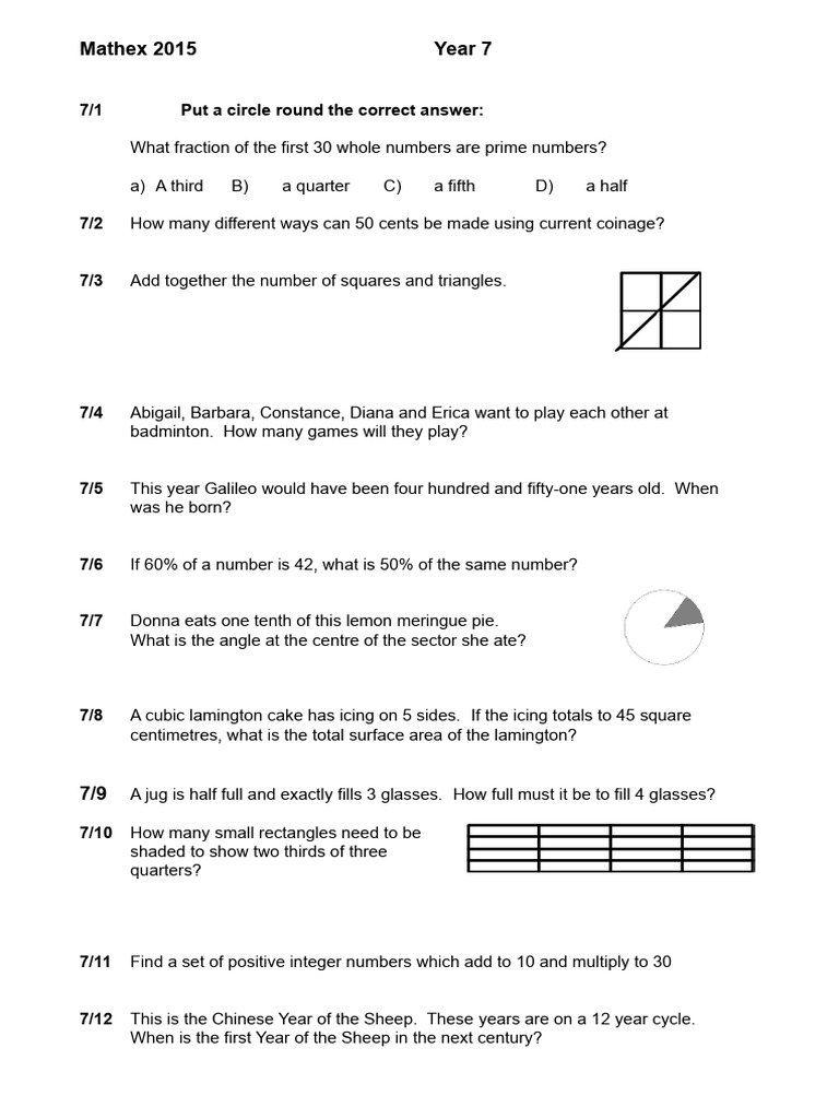 Mathex Year 7 2015 | PDF | Elementary Mathematics | Mathematics Mathex Year 7 2015 | PDF | Elementary Mathematics | Mathematics