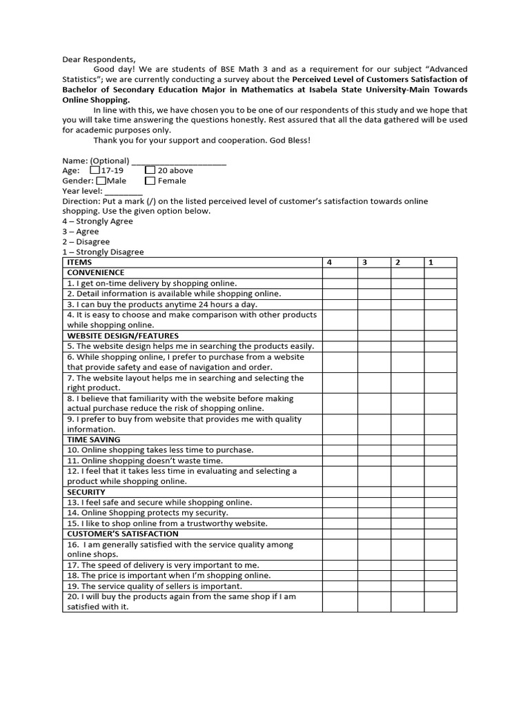 Advanced Statistics Questionnaire | Download Free PDF | Online Shopping ...