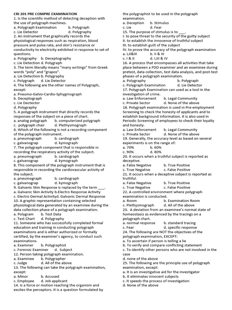 Cri 201 Pre Compre Examination | PDF | Polygraph