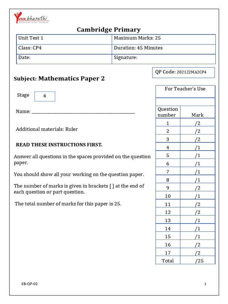 Gidb4999653-Cp4 Ut1 Math Paper 2 QP | PDF | Mathematics