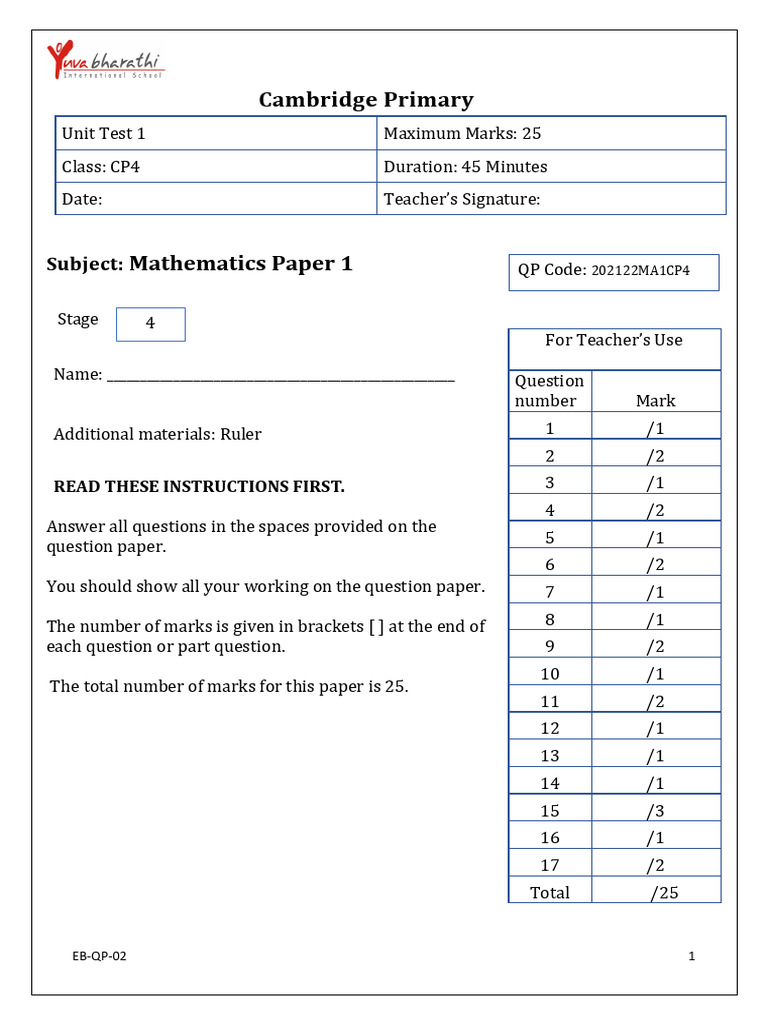 Gidb4995020-Cp4 Ut1 Math Paper 1 QP | PDF | Mathematics