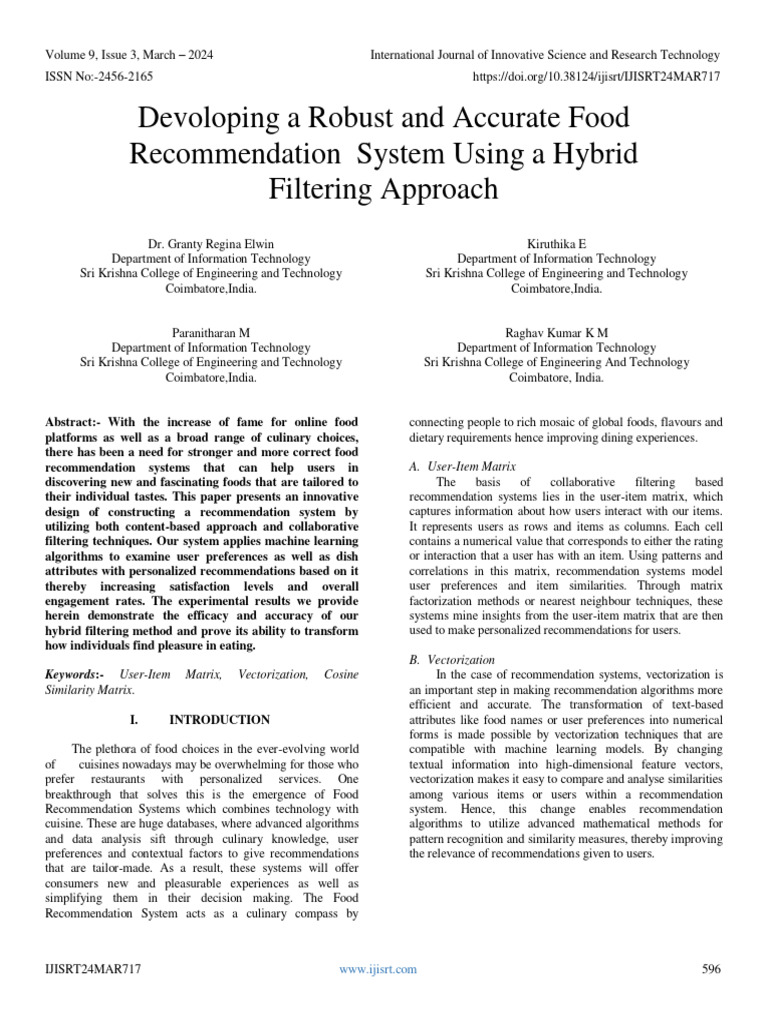 Devoloping A Robust and Accurate Food Recommendation System Using A Hybrid Filtering Approach ...