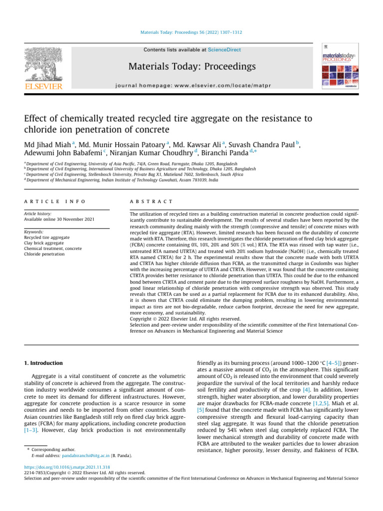 Effect of Chemically Treated Recycled Tire Aggregate On The Resistance ...