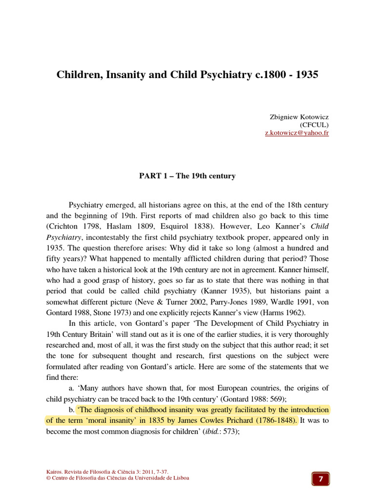 Child Insanity 1800-1935 | PDF | Psychiatry | Mental Disorder