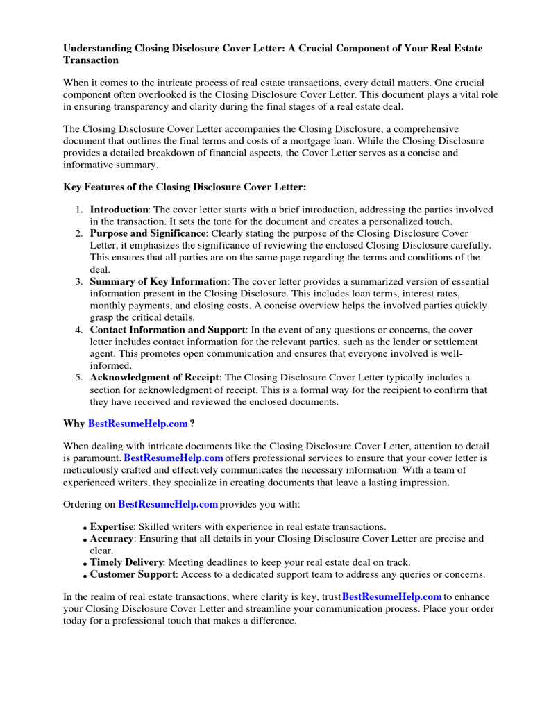Closing Disclosure Cover Letter | PDF | Mortgages | Loans