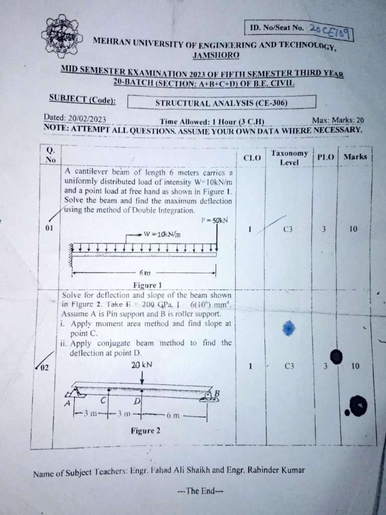 5th Semester Past Papers (20-Batch) | PDF | Beam (Structure ...