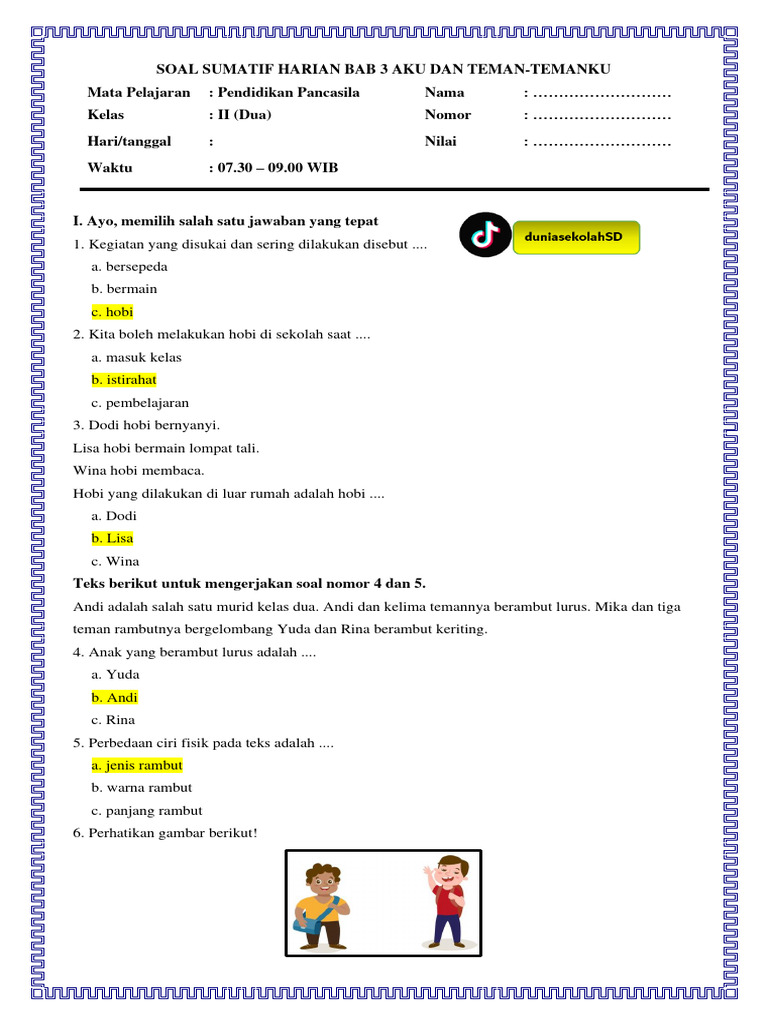 SOAL SUMATIF PANCASILABAB 3 AKU DAN TEMAN-TEMANKU Jawaban | PDF ...