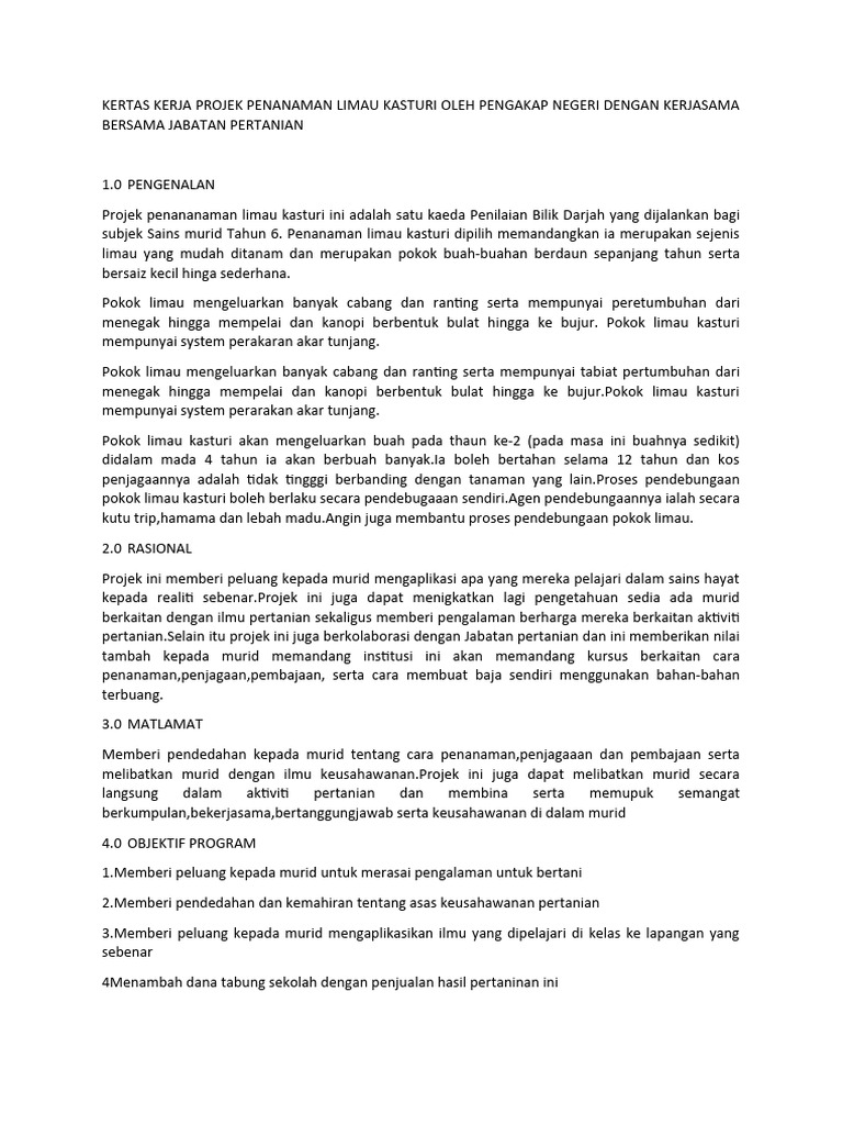 KERTAS KERJA PROJEK PENANAMAN LIMAU KASTURI | PDF