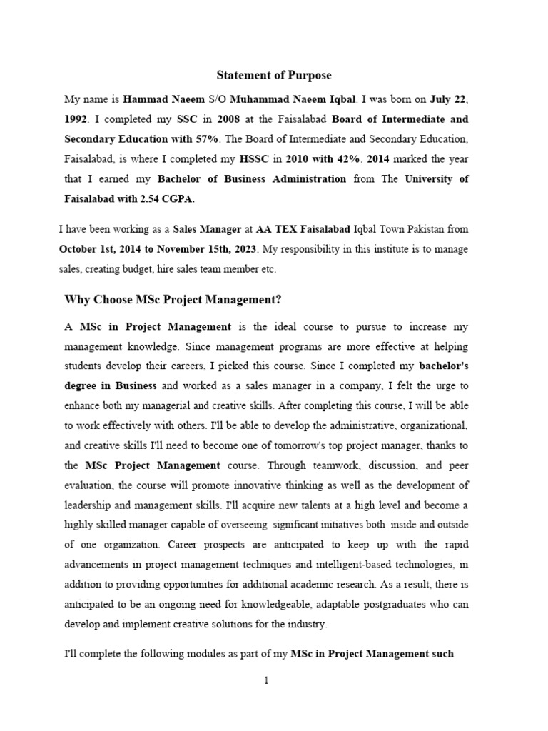 SOP Hammad MSc Project Management , ULAW | PDF | University | Business