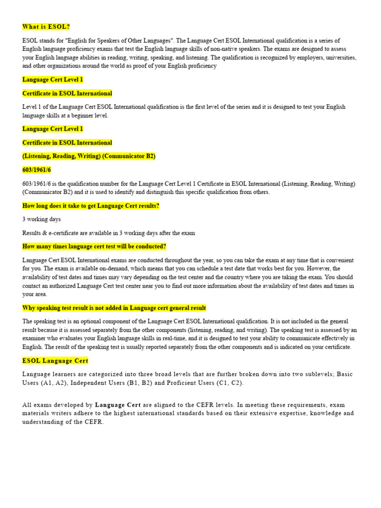 Understanding Language Cert ESOL Levels | PDF | International English ...