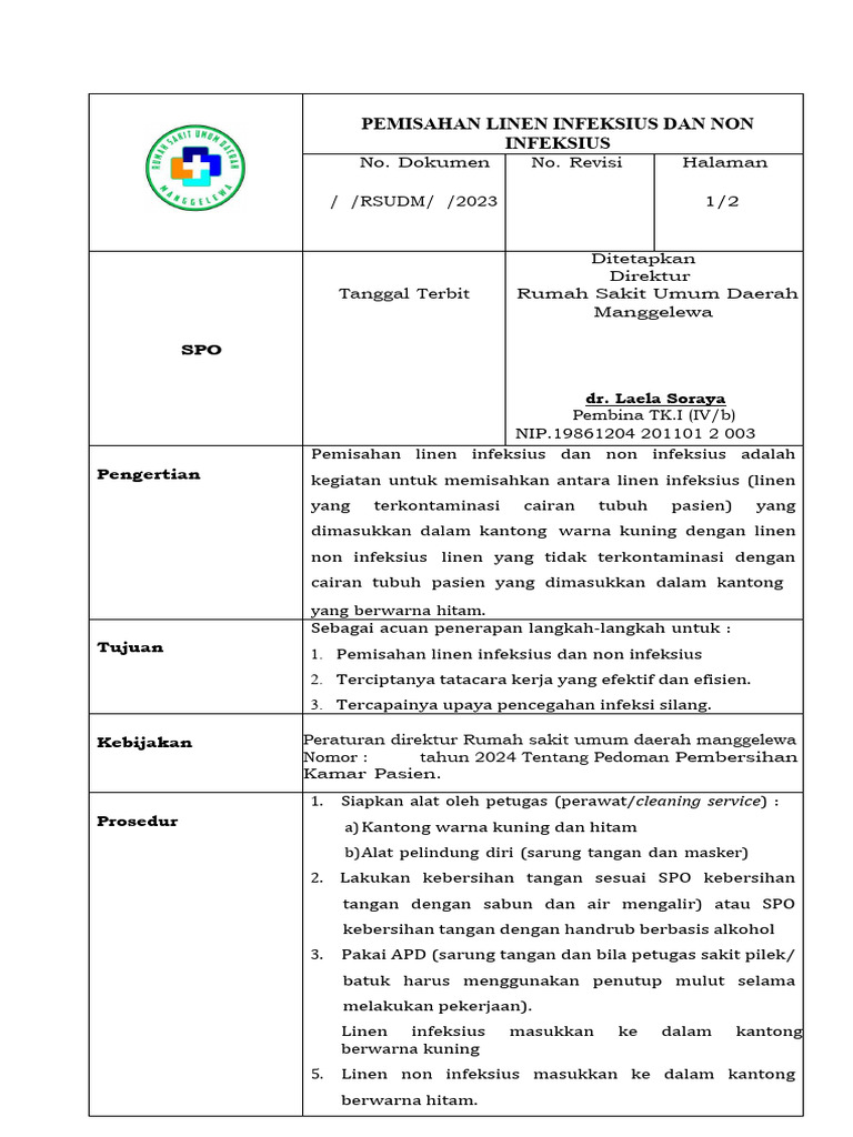 Spo Pemisahan Linen Infeksius Dan Non Infeksius 1 | PDF | Pengembangan Diri