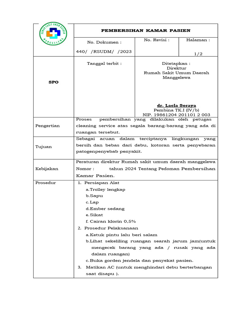 Spo Pembersihan Kamar Pasien | PDF | Sains & Matematika