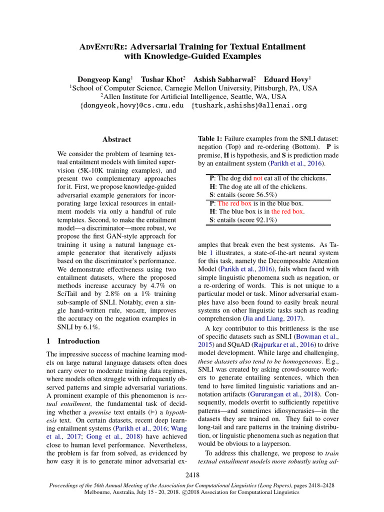 AdvEntuRe: Adversarial Training for Text Entailment | PDF | Deep Learning | Cybernetics