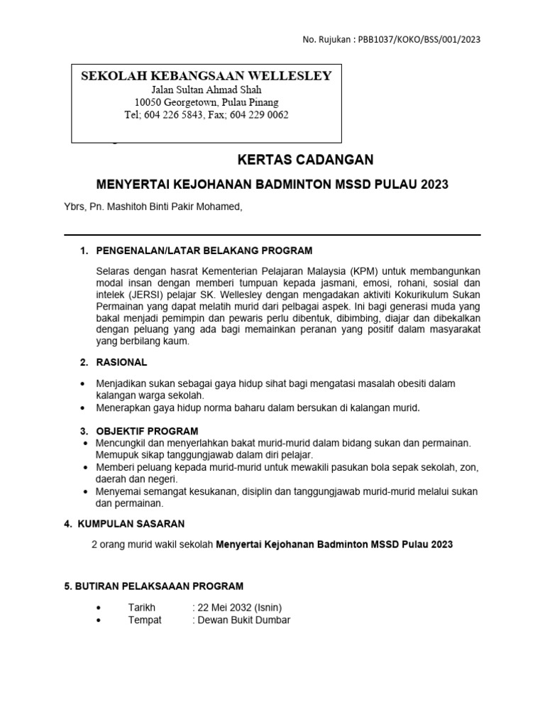 001 Kertas Cadangan Badminton 2023 | PDF