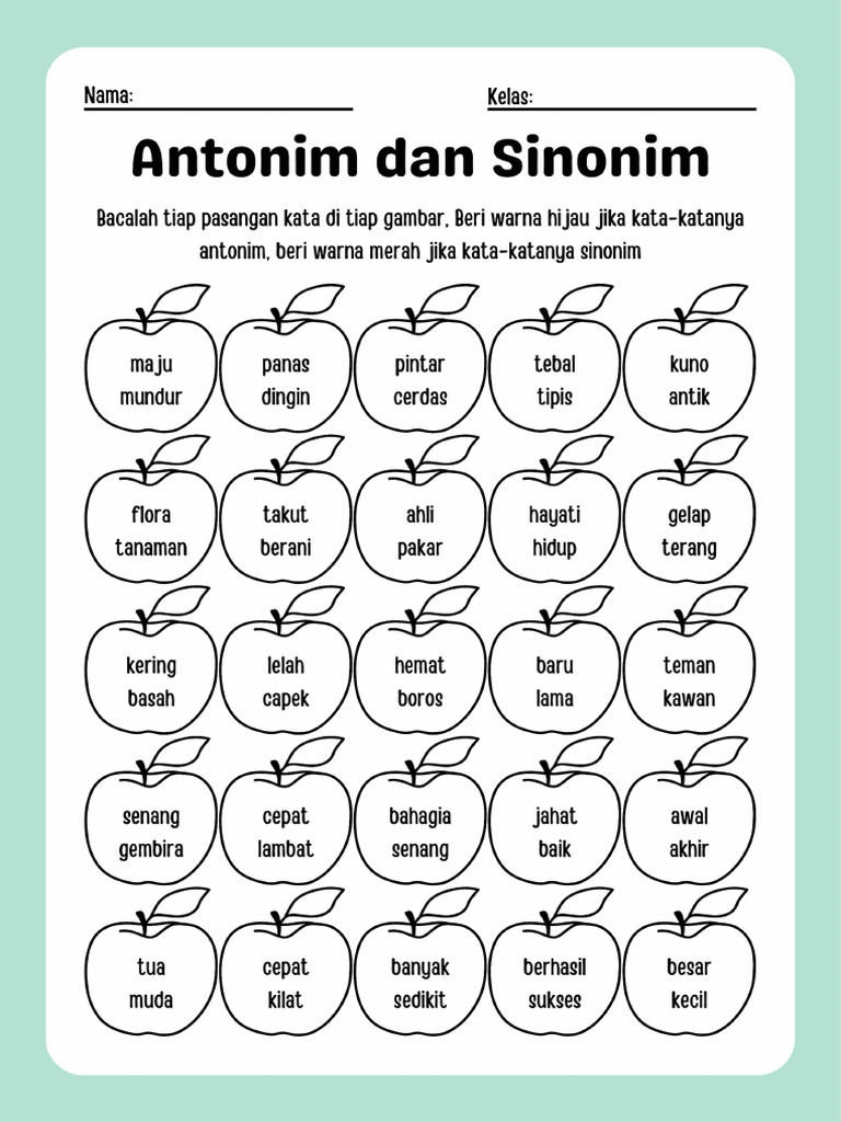 Lembar Kerja Bahasa Antonim Dan Sinonim | PDF