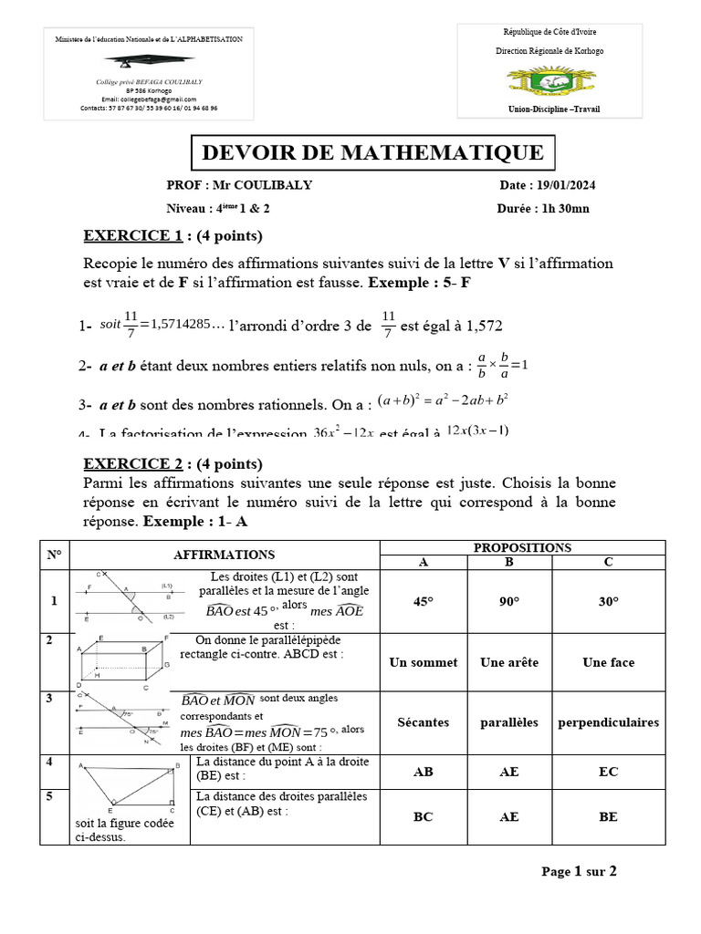 Devoir de Maths 4ème - Corrigé | PDF | Mathématiques