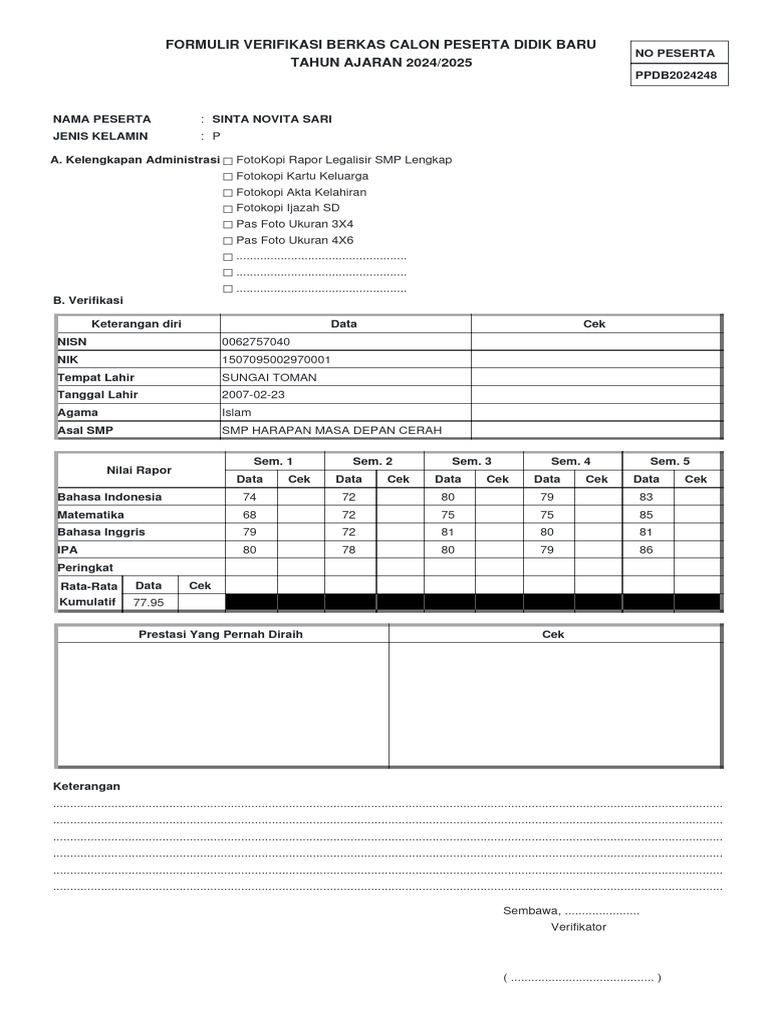 Formulir Verifikasi Berkas - Sinta Novita Sari | PDF