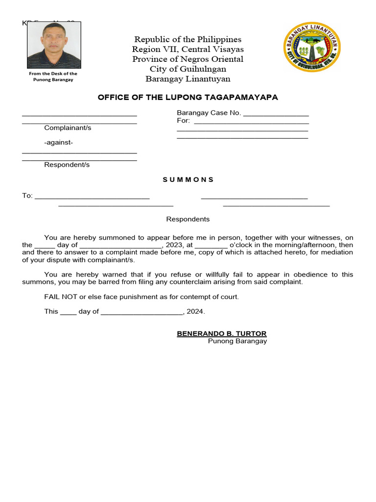 Barangay Summons Template Form | PDF | Summons | Justice
