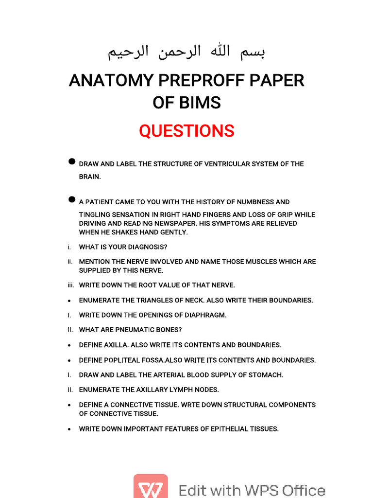 BIMS ANATOMY PAPER SOLVED MCQs | PDF | Knee | Epithelium