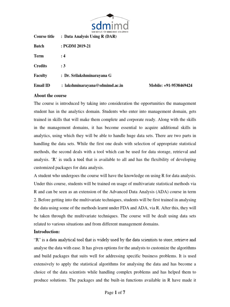 Data Analysis Using R by Srilakshminarayana G (DAR) | PDF | Data Analysis | Data