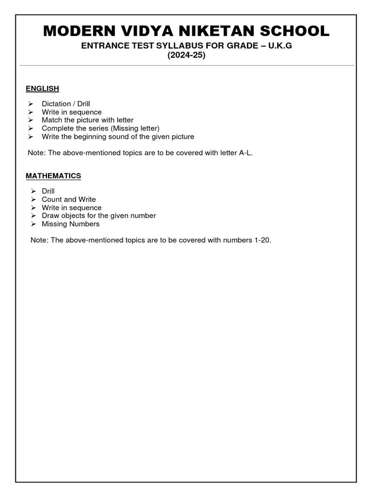 Ukg Test Syllabus 2024 25 | PDF