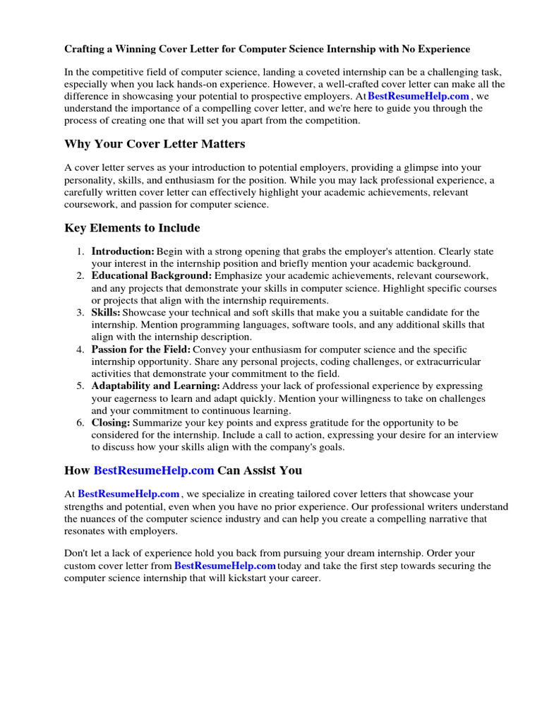 Cover Letter for Computer Science Internship With No Experience | PDF ...