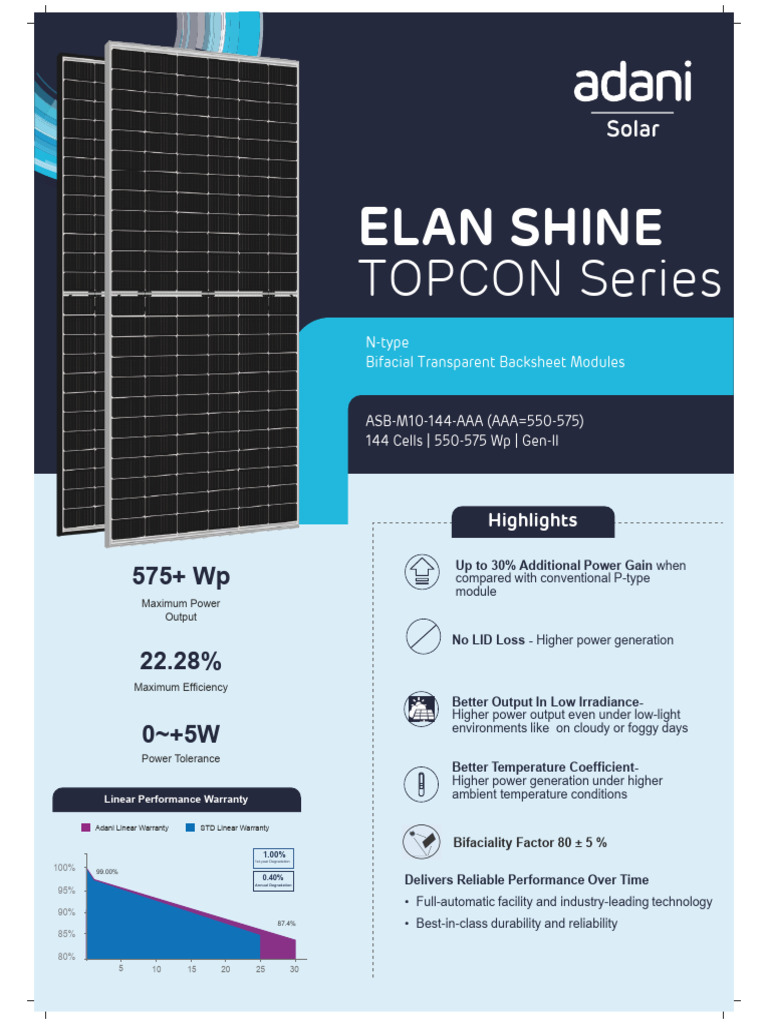 Datasheet Adani Solar India 550w 555w 560w 565w 570w TOPCon Bifacial Elan Shine | PDF ...