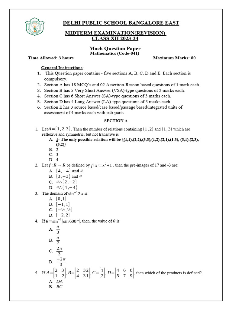 Xii Math Mock Question Paper Mid Term Exam | Download Free PDF ...