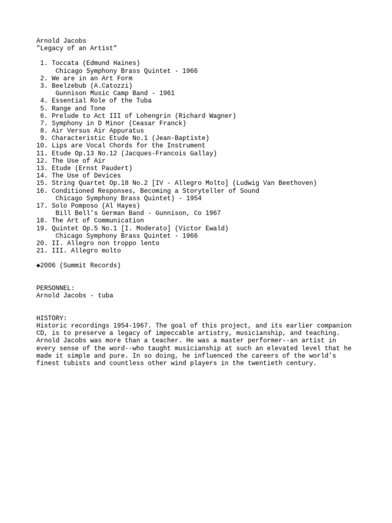 Arnold Jacobs: Tuba Legacy Recordings | PDF | Art
