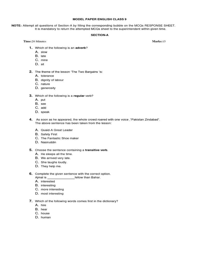 Class 9 English Model Paper 2024 | PDF | Linguistics | Languages