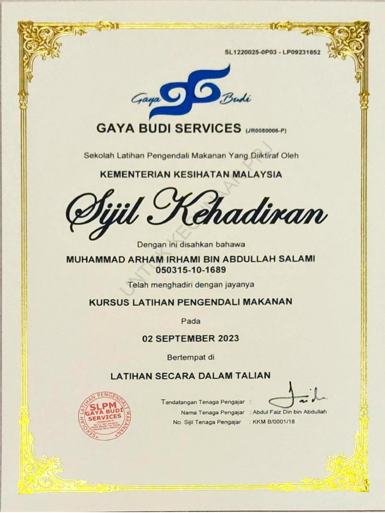 Sijil Kursus Pengendalian Makanan | PDF