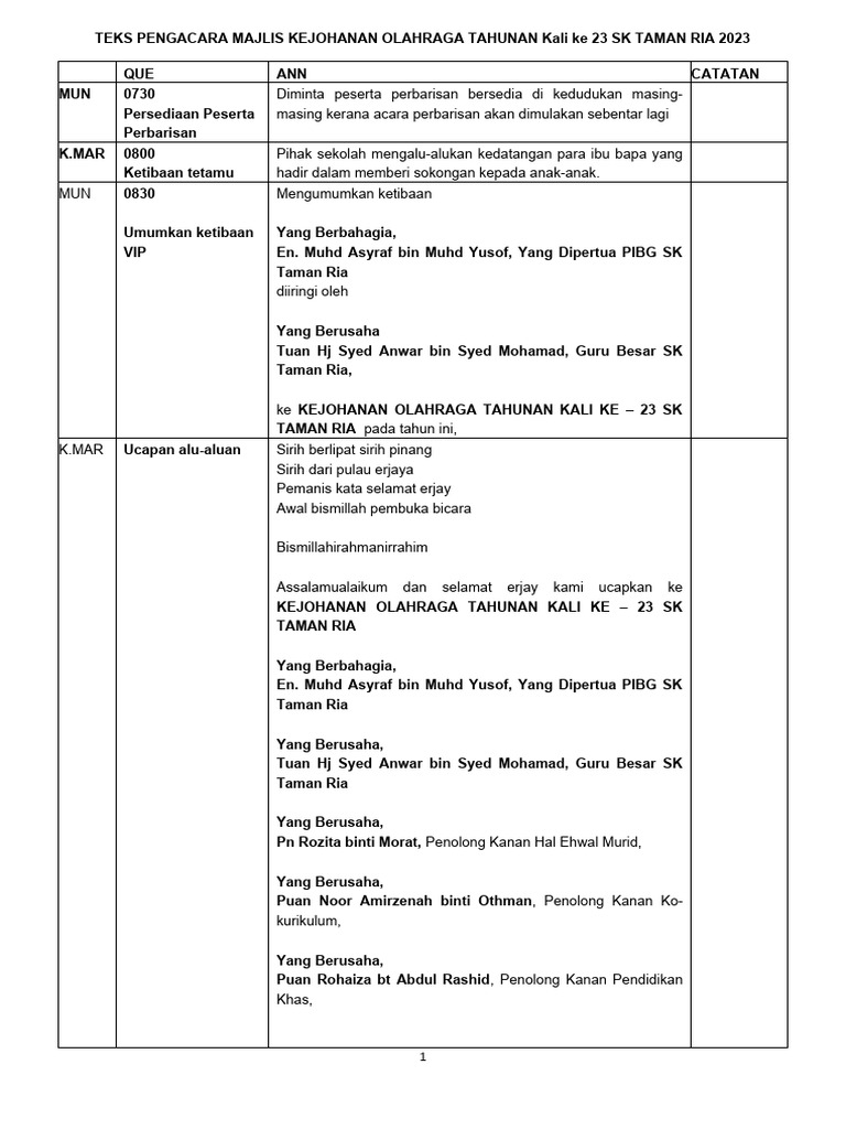Teks Pengacara Majlis Kejohanan Olahraga Dan Balapan SK Taman Ria 2023 | PDF