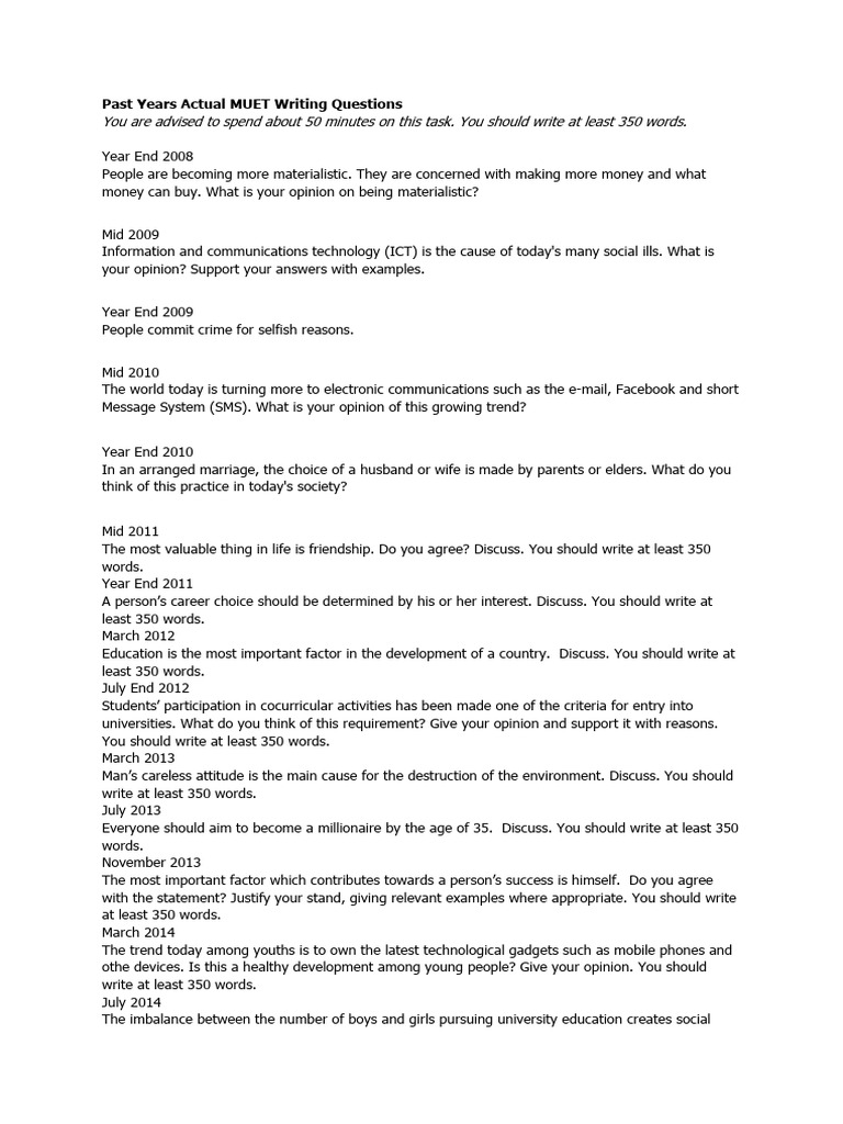 Past Year Actual MUET Writing Questions As of Feb 2024 | PDF | Social ...