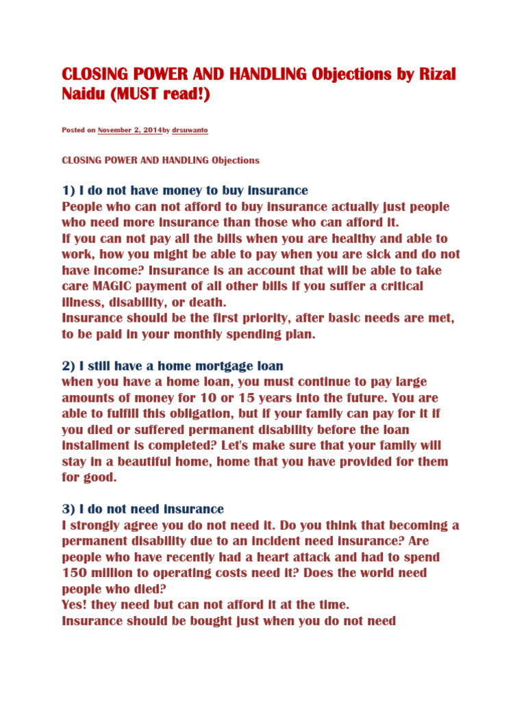 Closing Power and Handling Objections by Rizal Naidu (MUST Read!) | PDF ...