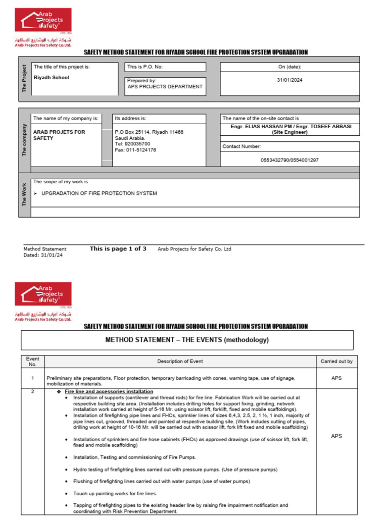 Method Statement Riyadh School Project Fire Fighting System | PDF | Plumbing | Firefighting