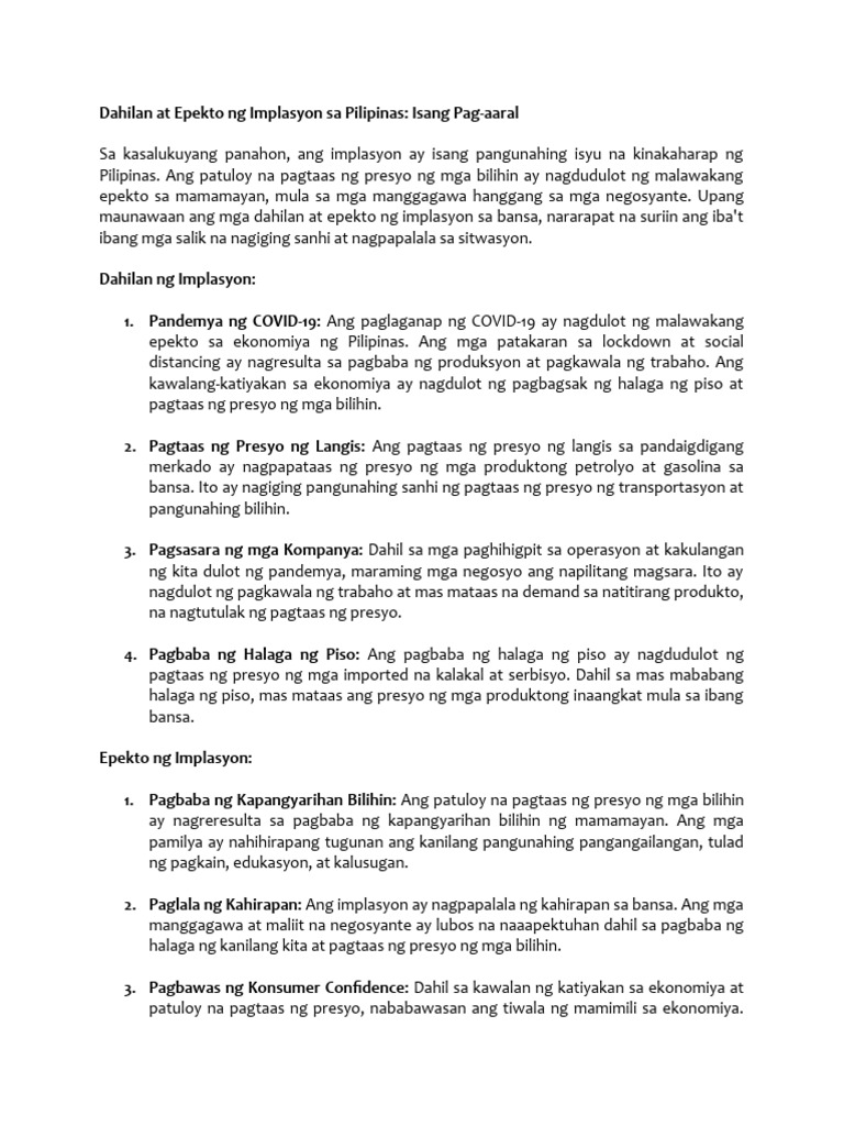 Dahilan at Epekto ng Implasyon sa Pilipinas | PDF