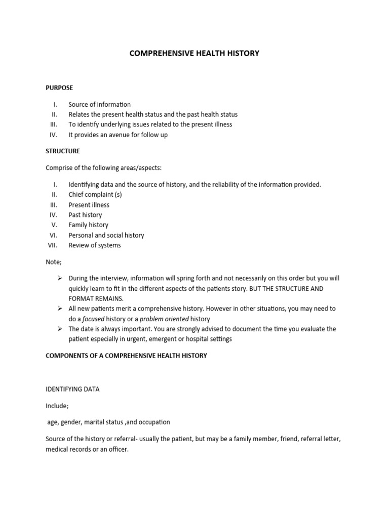 COMPREHENSIVE HEALTH HISTORY | PDF | Allergy | Patient