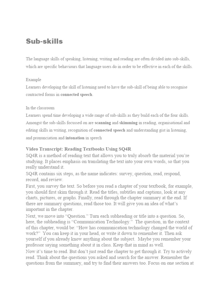 Sub-Skills: Video Transcript: Reading Textbooks Using SQ4R | Download ...