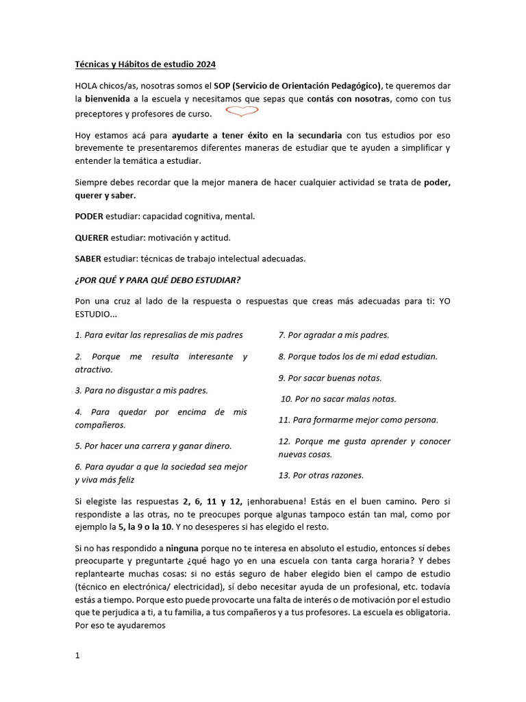 Técnicas y Hábitos de Estudio Cuadernillo Nivelacion 2024 | PDF