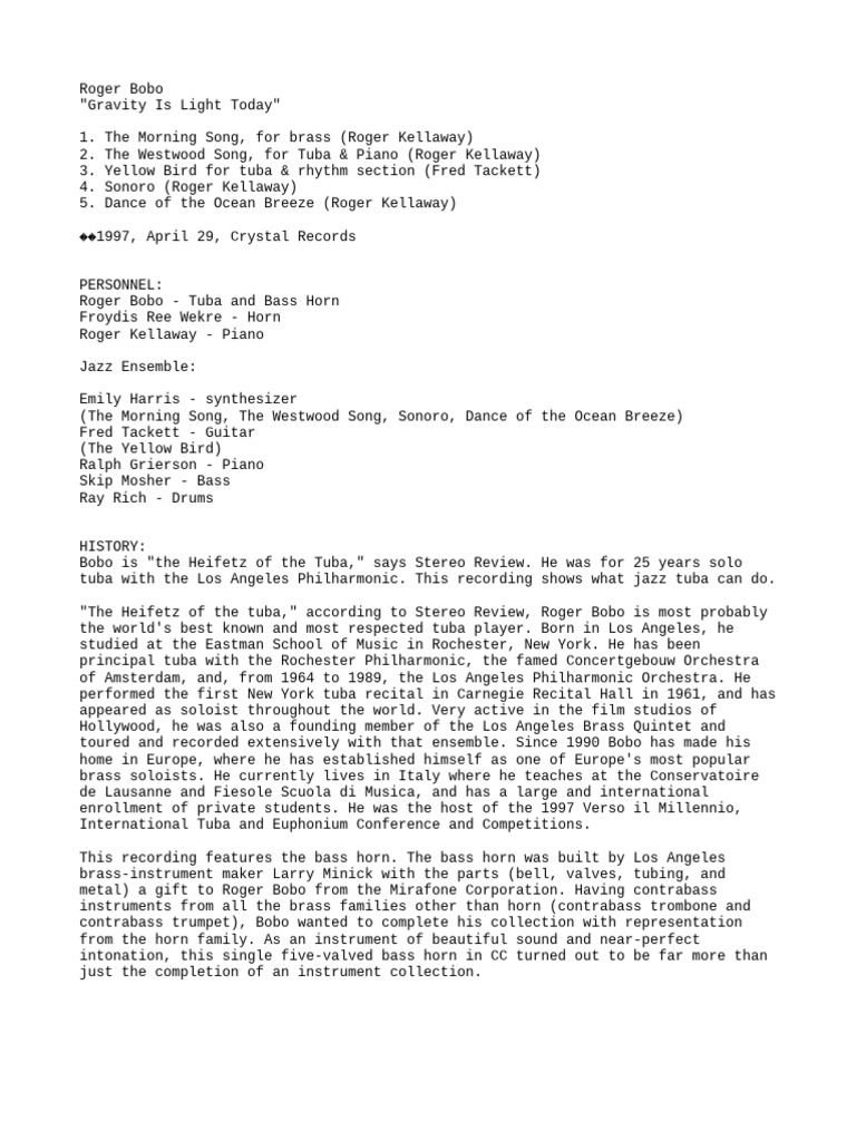 Roger Bobo-Gravity Is Light Today | PDF | Tuba | Brass Instruments