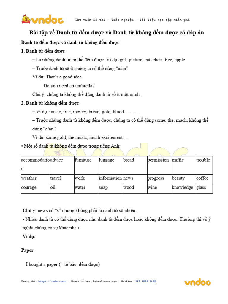 Bai Tap Ve Danh Tu Dem Duoc Va Danh Tu Khong Dem Duoc Co Dap An 1 | PDF