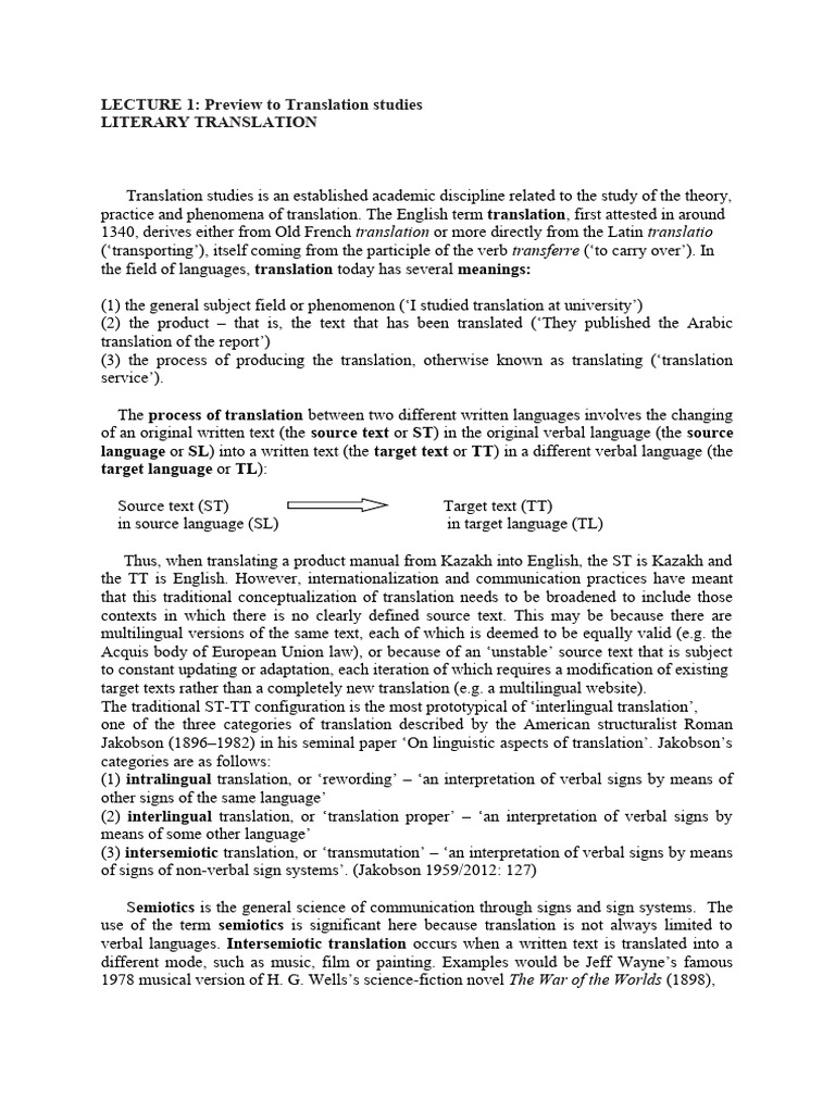 Lecture 1 Introducing Translation Studies) | PDF | Translations ...