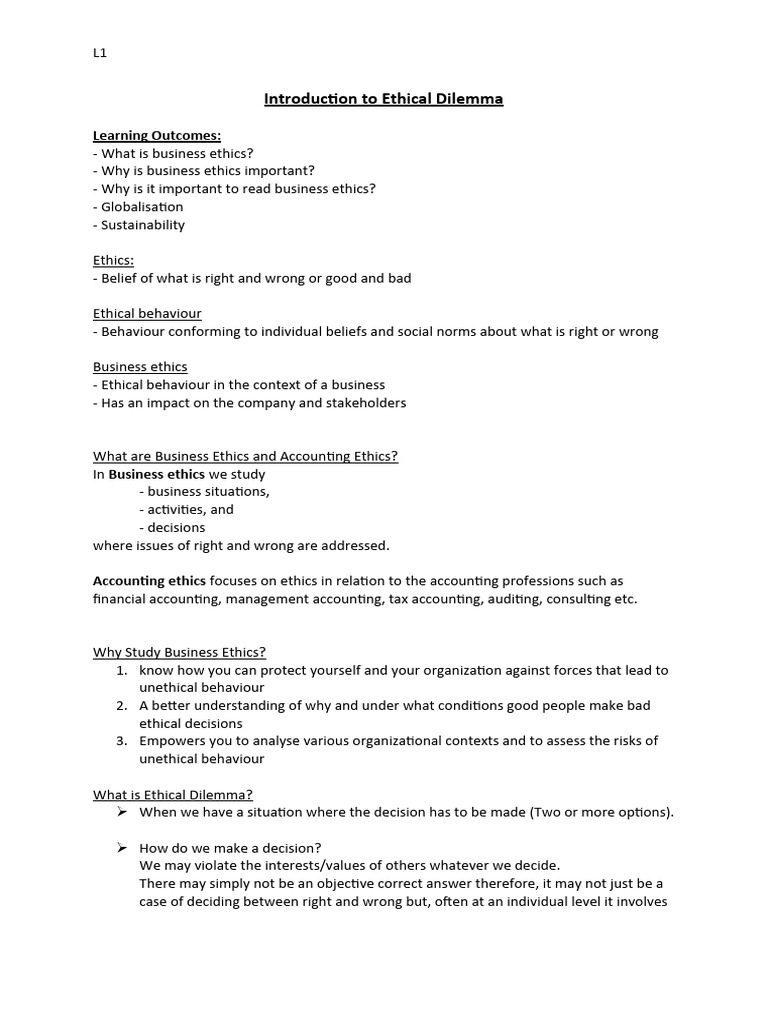 L1 Introduction To Ethical Dilemma | PDF | Business Ethics | Sustainability