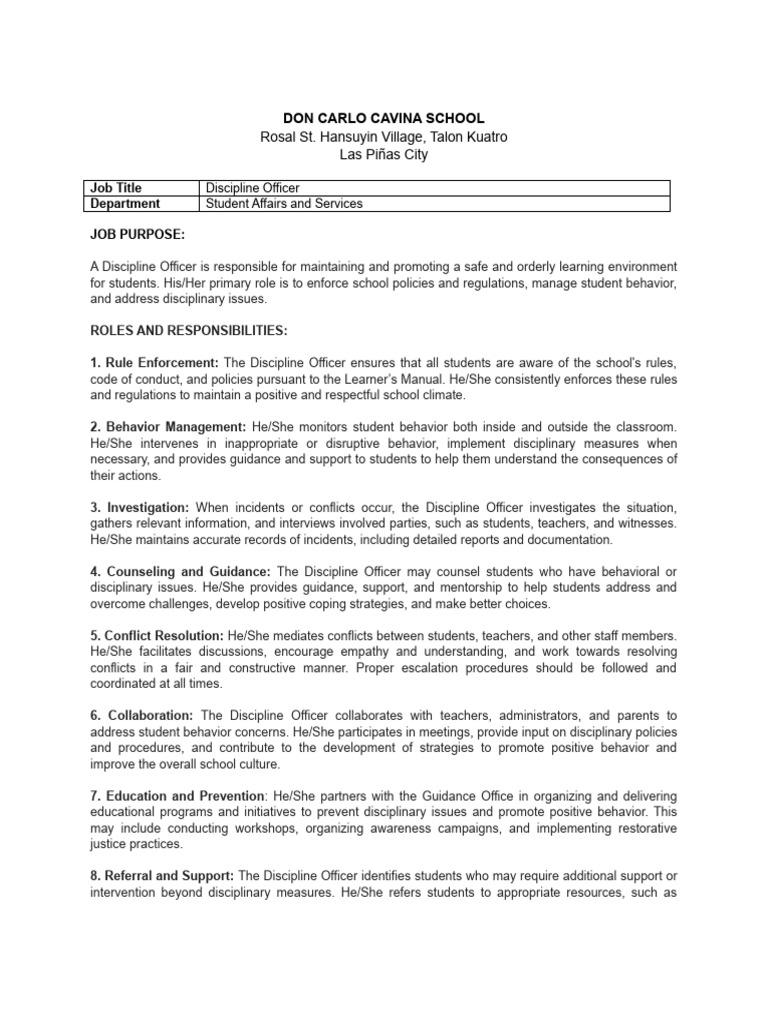 Job Description_Discipline Officer | PDF | Disciplines | Teachers