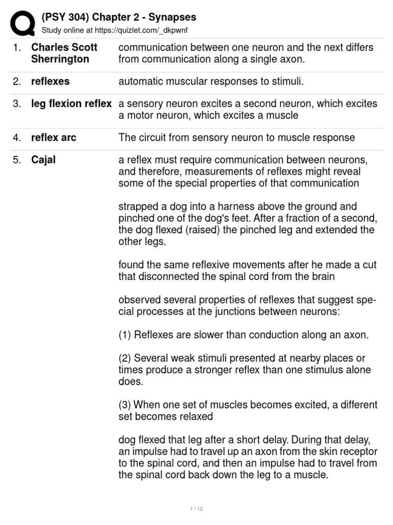 (PSY 304) Chapter 2 - Synapses | PDF | Neurotransmitter | Chemical Synapse