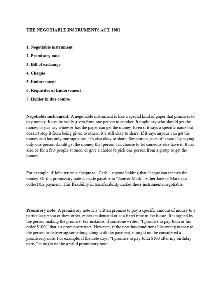 The Negotiable Instruments Act, 1881 | PDF | Negotiable Instrument | Promissory Note