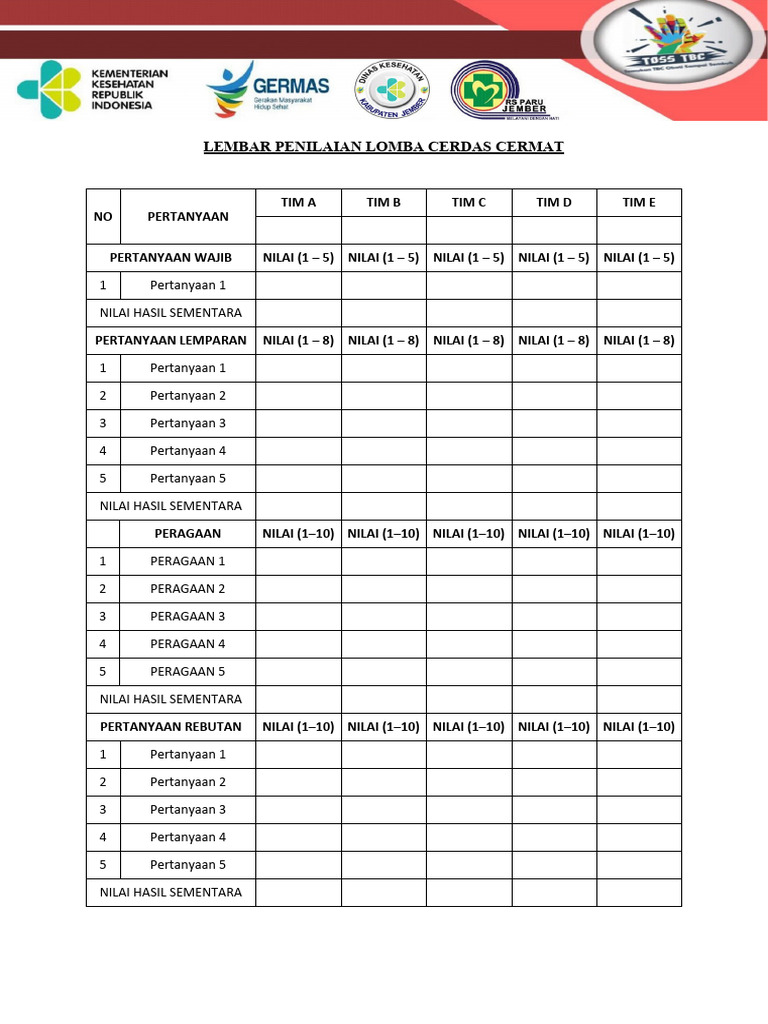 FORM PENILAIAN Lomba Cerdas Cermat | PDF FORM PENILAIAN Lomba Cerdas Cermat | PDF