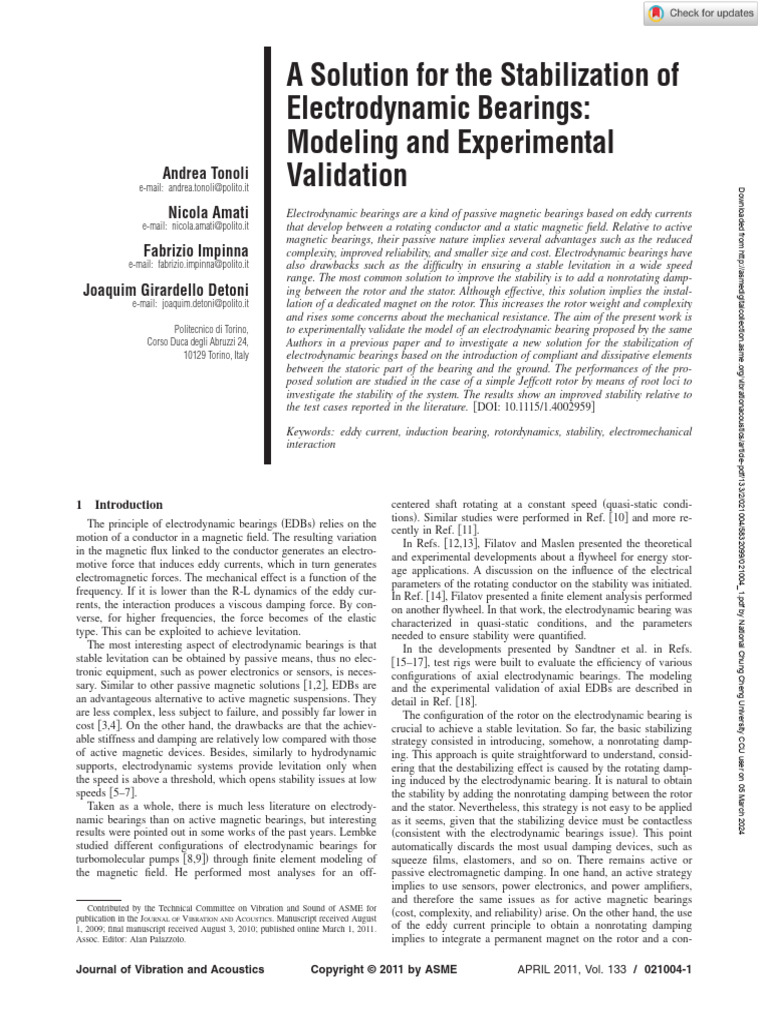 A Solution For The Stabilization of Electrodynamic Bearings - Modeling and Experimental ...