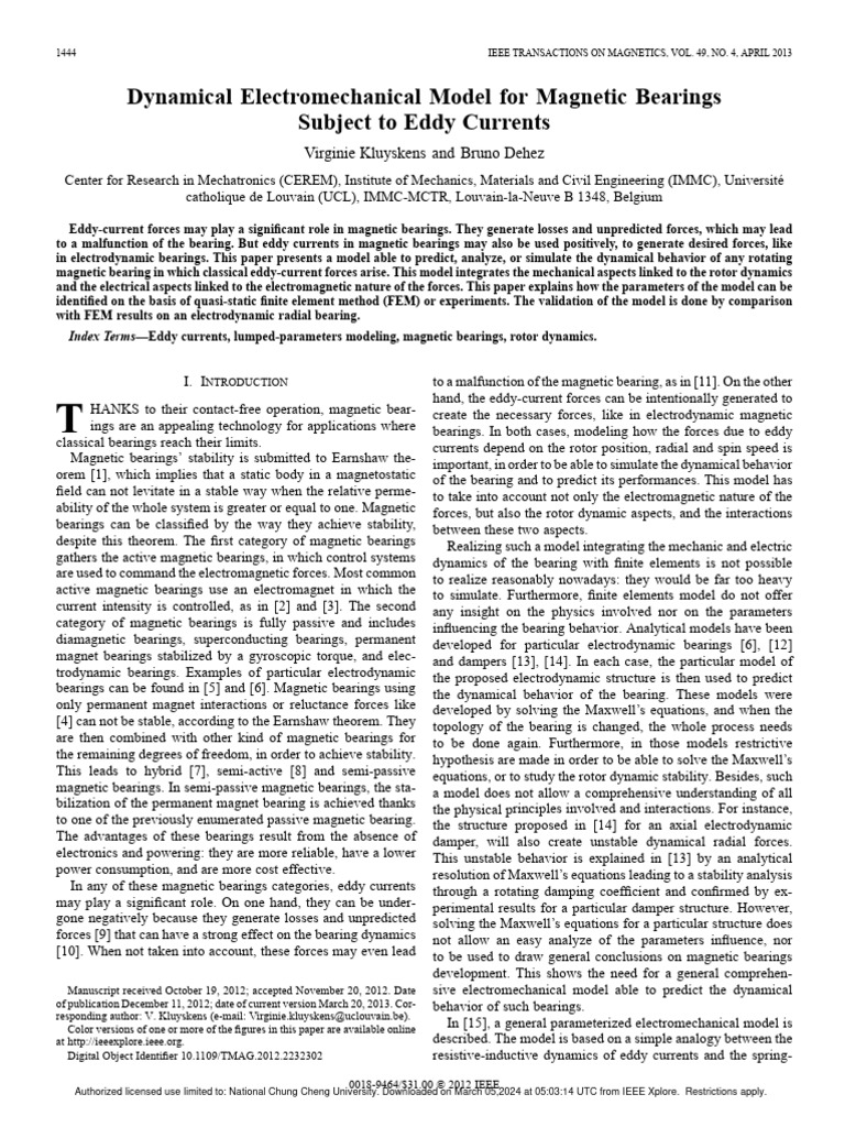 Dynamical Electromechanical Model For Magnetic Bearings Subject To Eddy Currents | PDF ...